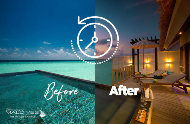 The views from a Wind Villa at OZEN at Maadhoo by day and at Sunset