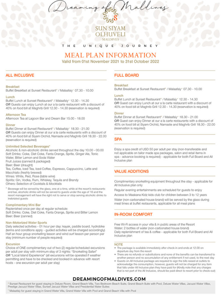Sun Siyam Olhuveli Maldives All-Inclusive Package Plan Inclusion